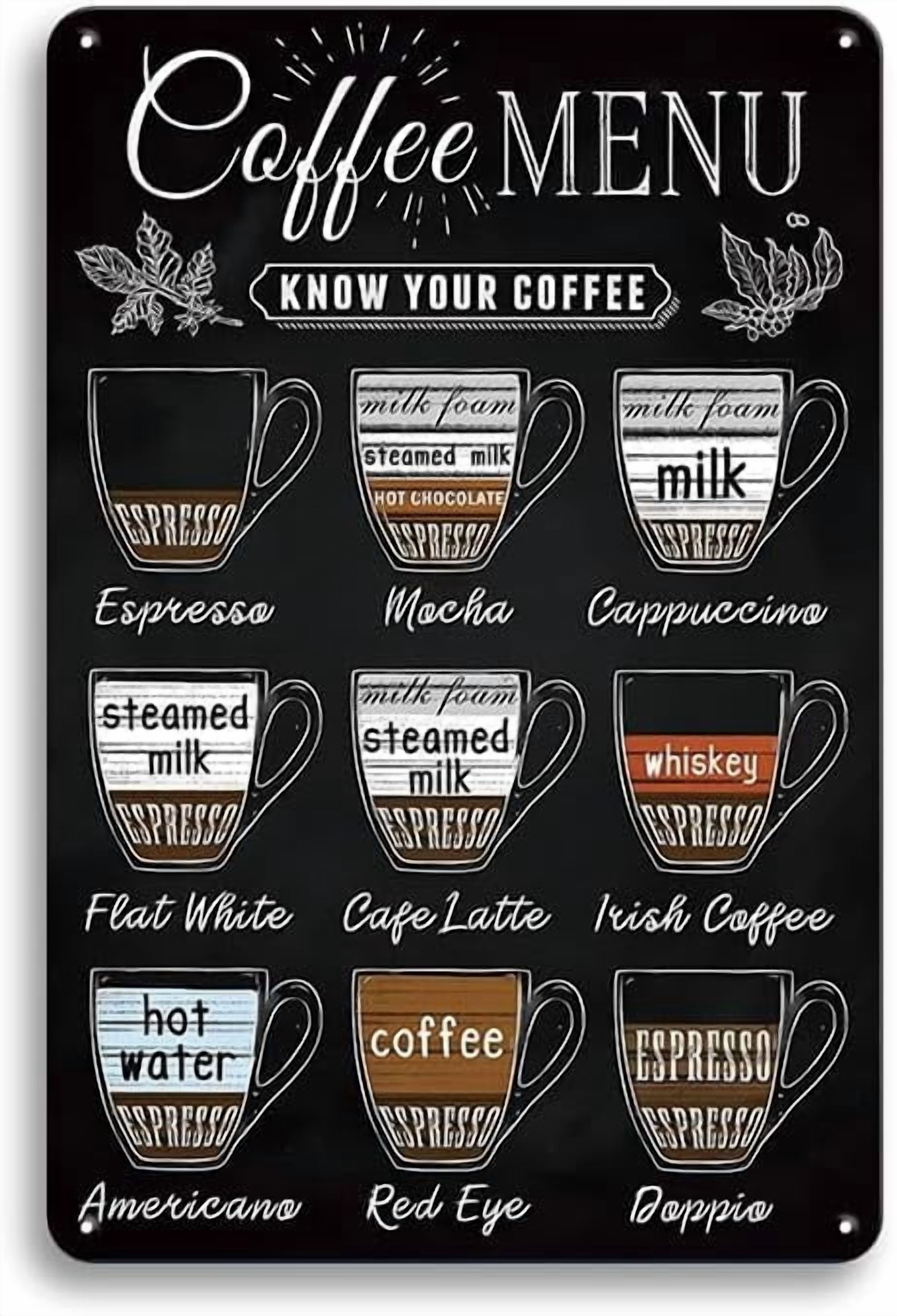 Metal Tin Coffee Menu Sign Know Your Coffee Latte Espresso Plaque ...
