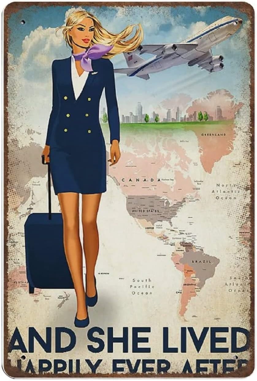 Metal Tin Retro Sign Flight Attendant Tin Sign, and She Lived Happily ...