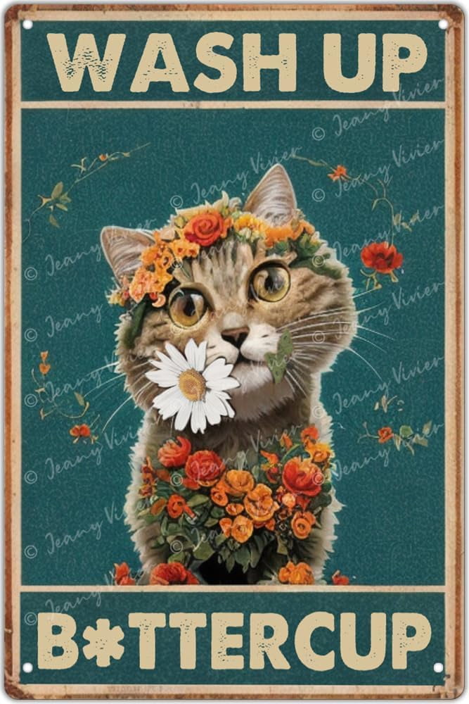 Metal Tin Retro Sign Wash Up Buttercup Poster, Tabby Cat Wall Decor ...