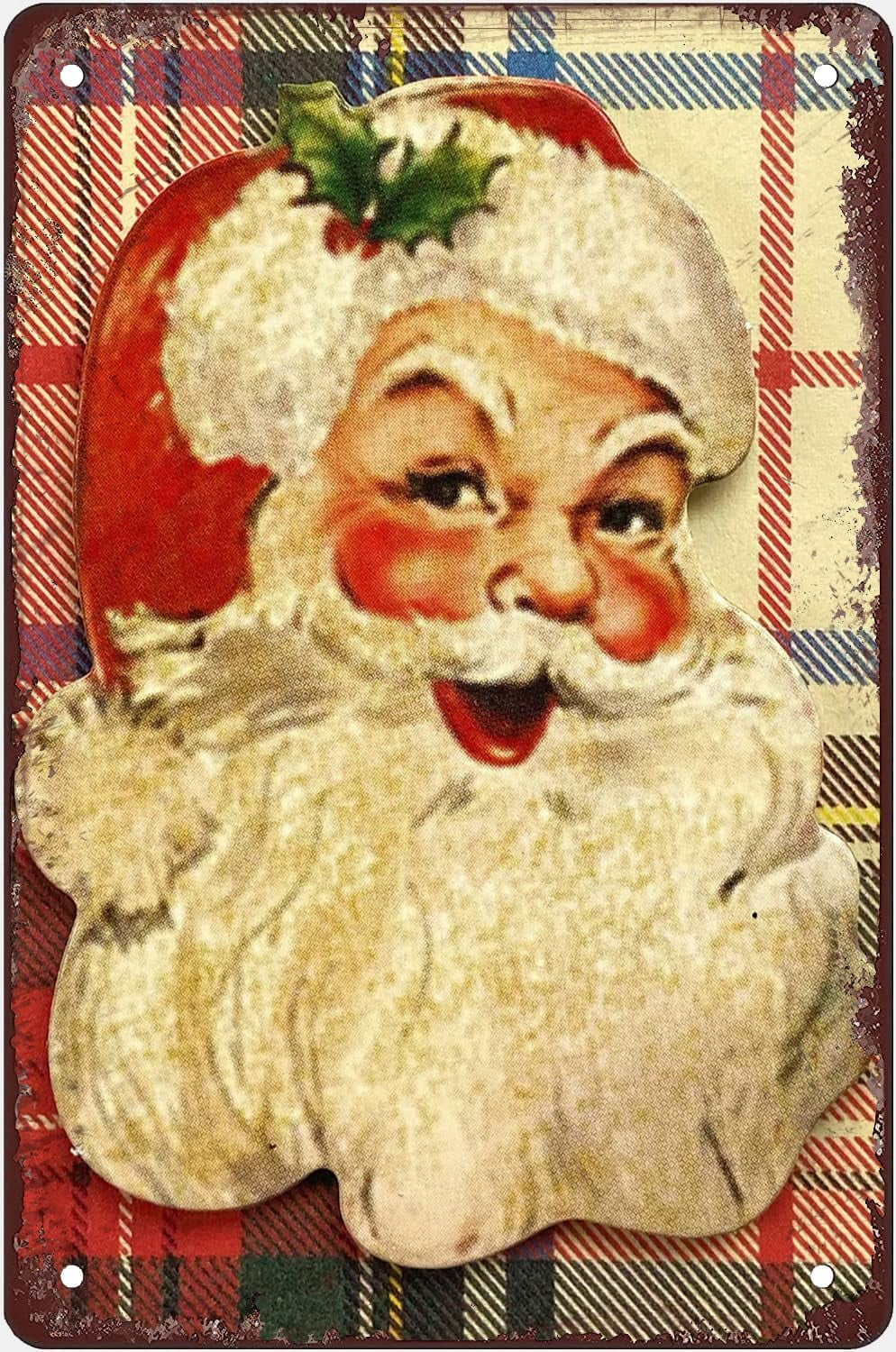 Metal Tin Sign 12x16 Inch Christmas Vintage Plaid Santa Christmas ...