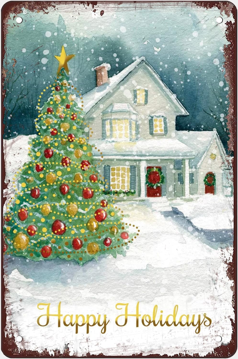 Metal Tin Sign 12x16 Inch Winter Cottage Holiday Christmas Rustic Tin ...