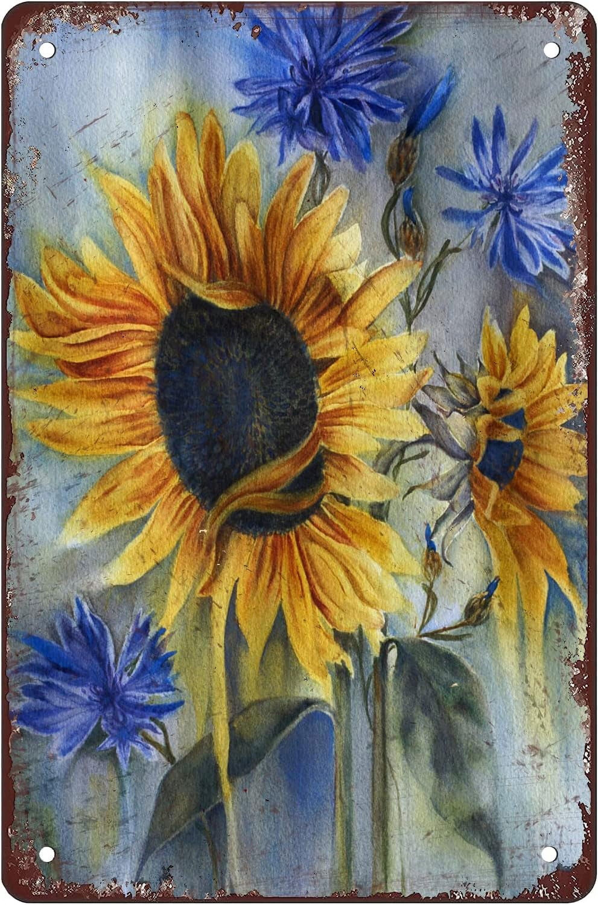 Metal Tin Sign 8x5.5 Inch Sunflowers With Cornflowers Vintage Garden ...