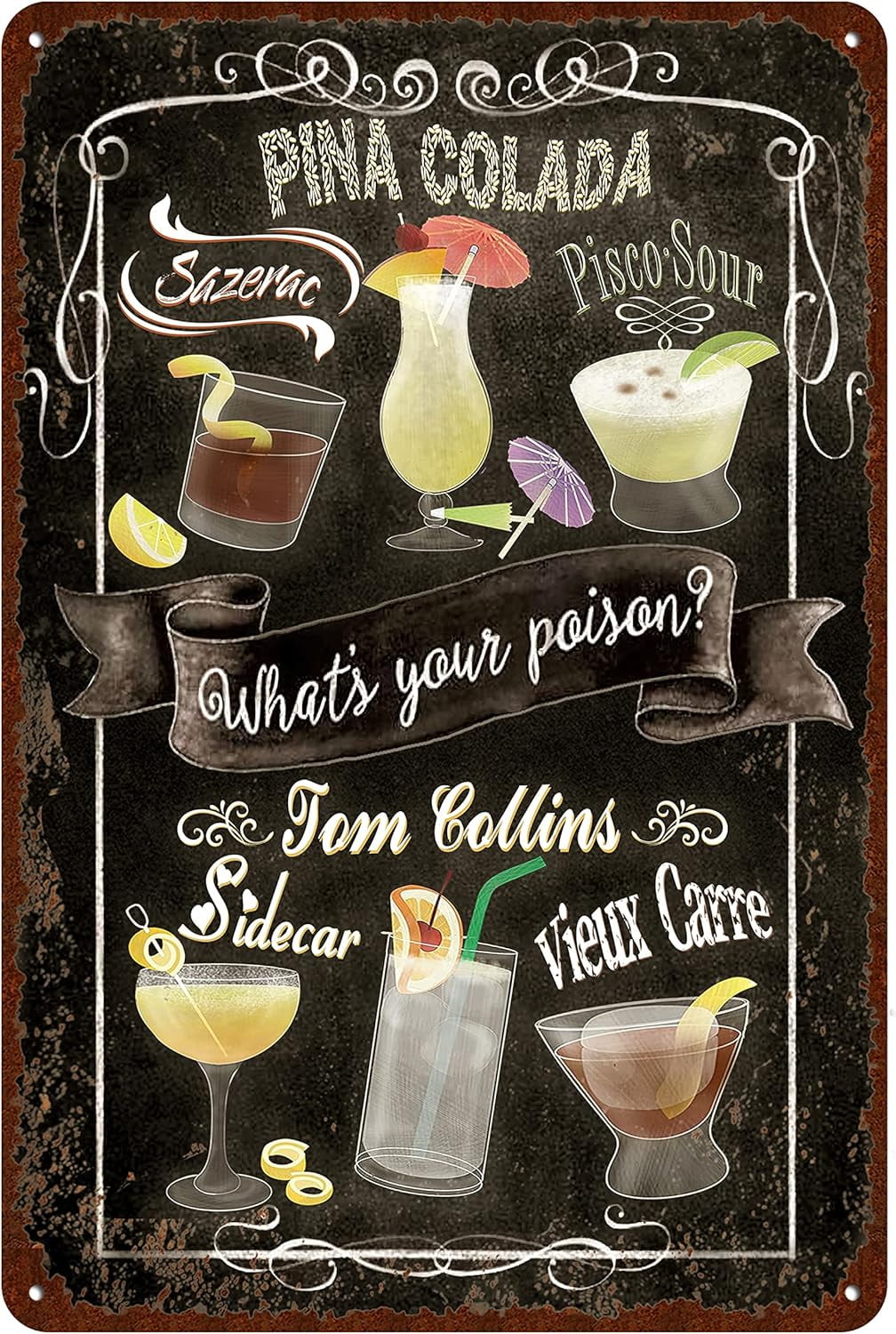 Metal Tin Sign 8x5.5 Inch Vintage Tin Signs Classic Cocktail Menu Metal ...