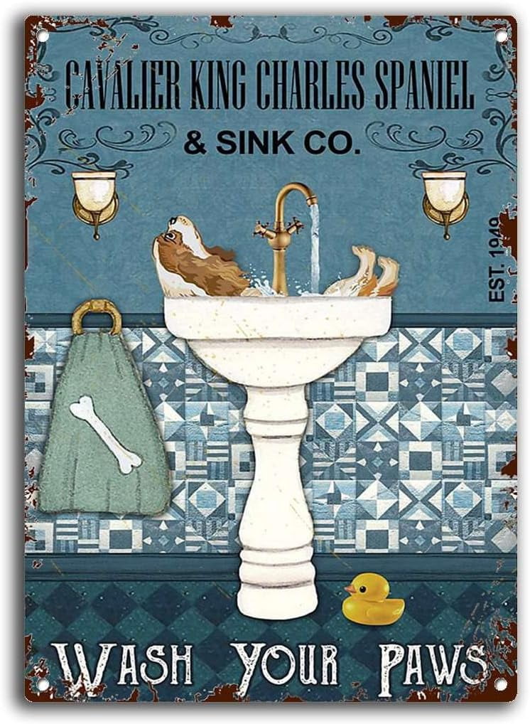Metal Tin Sign Cavalier King Charles Spaniel and Sink Co. Wash Your ...