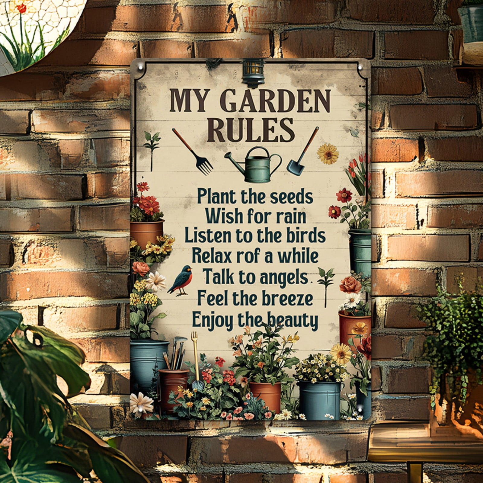Metal Tin Sign Garden Rules Wall Sign - 'Plant the Seeds, Wish for Rain ...