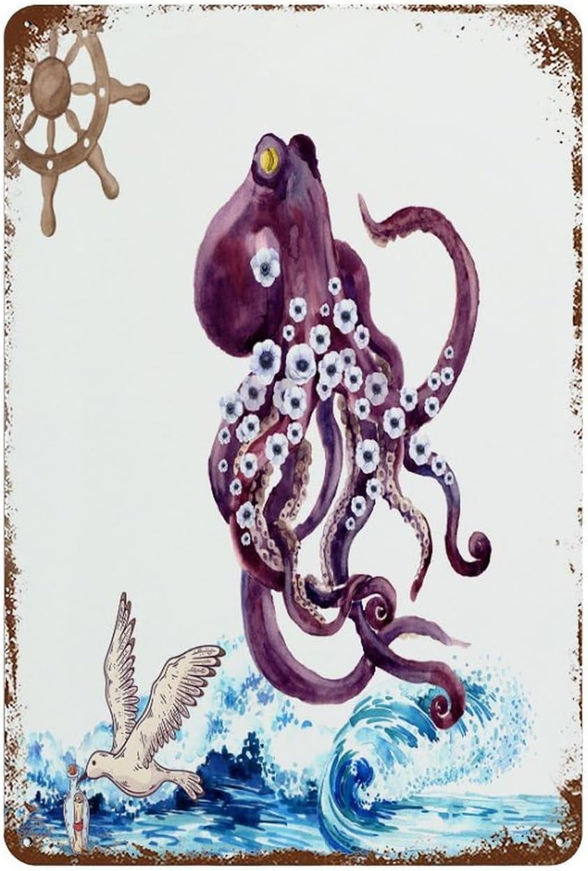 Metal Tin Sign Ocean Beach Nautical Theme Underwater Octopus Wall ...