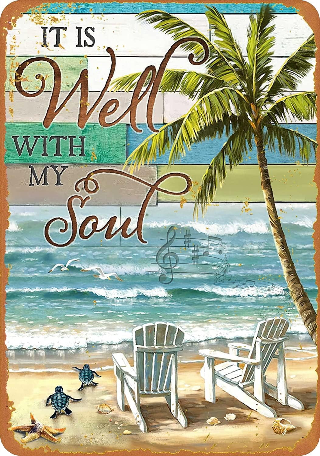 Metal Tin Sign - Rustic Metal Decor Antique Metal Sign Beach Landscape ...