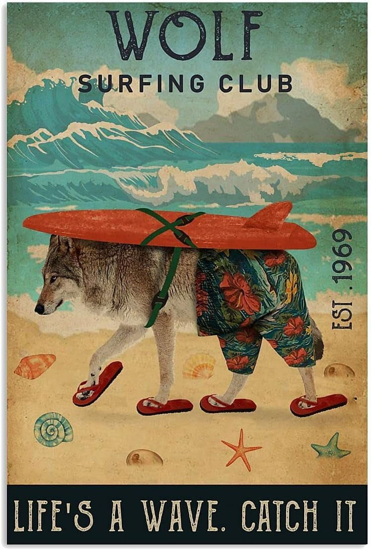 Metal Tin Sign Wolf Surfing Club Sign Metal Sign Aluminum Funny Signs ...