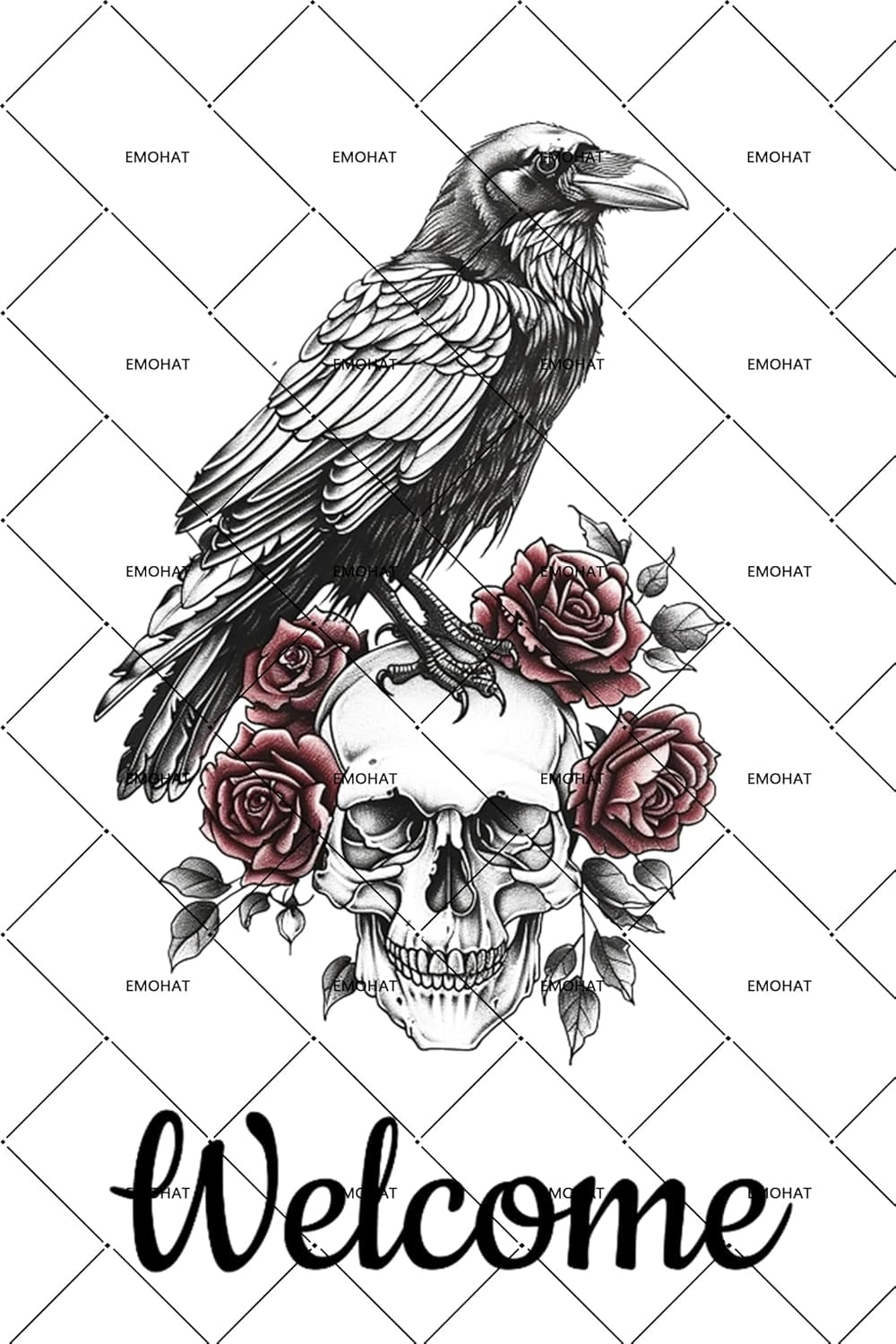 Metal Tin Signs Skull Welcome Sign Bird Rest on Skeleton Head Red Rose ...