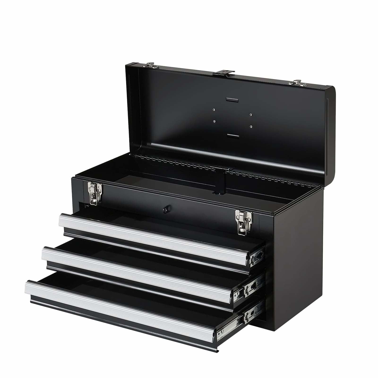 Metal Tool Box 20.5 inch Portable, 3 Drawer Tool Organizer - Black ...