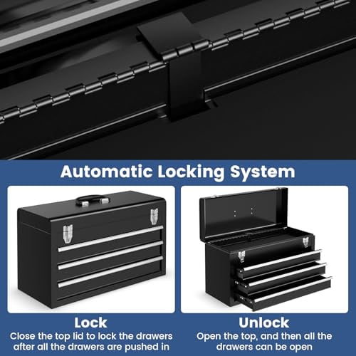 Metal Tool Box, 3-Drawer Tool Box with Carry Handle, 2 Latches & Liner ...