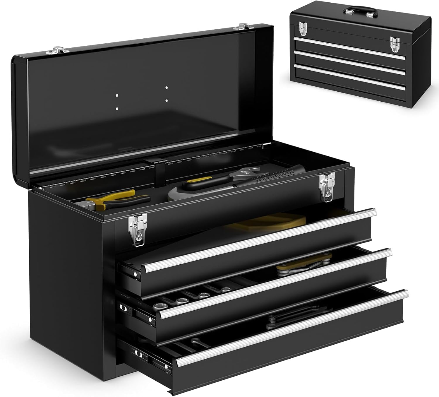 Metal Tool Box, 3-Drawer Tool Box with Carry Handle, 2 Latches & Liner ...