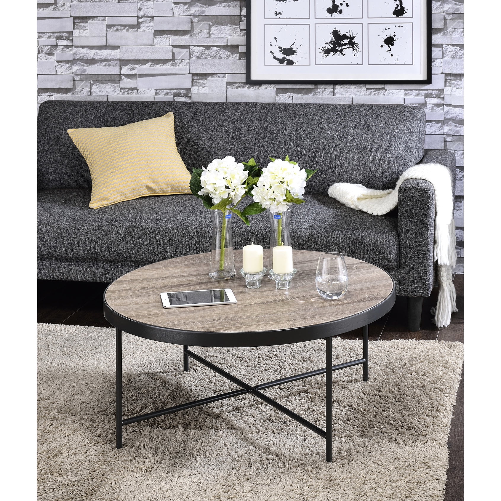 Metal Trimmed Wooden Top / Round Coffee Table for Entertainment ...