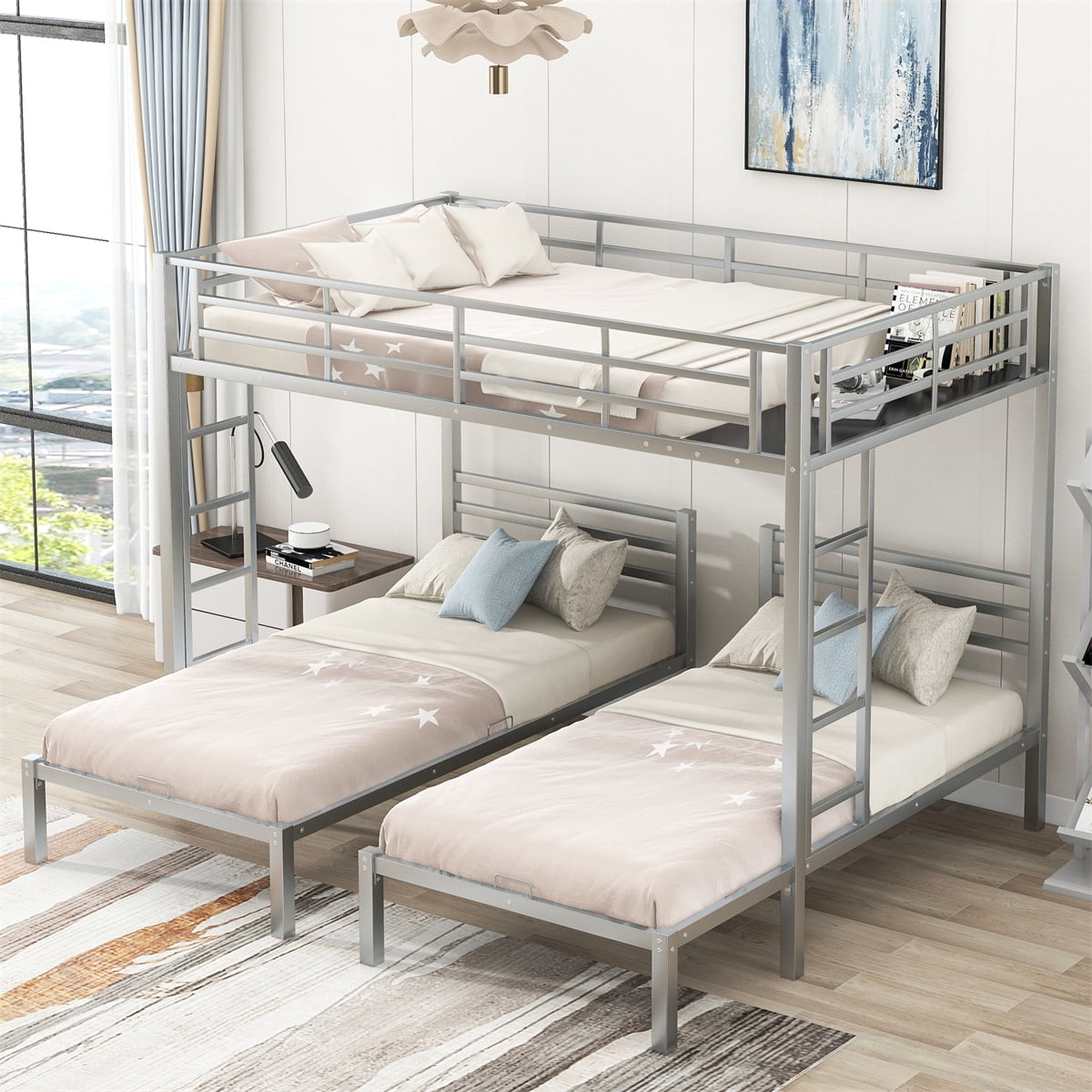 Metal Triple Bunk Bed, Full over Twin & Twin Size Bunk Bed with Built ...