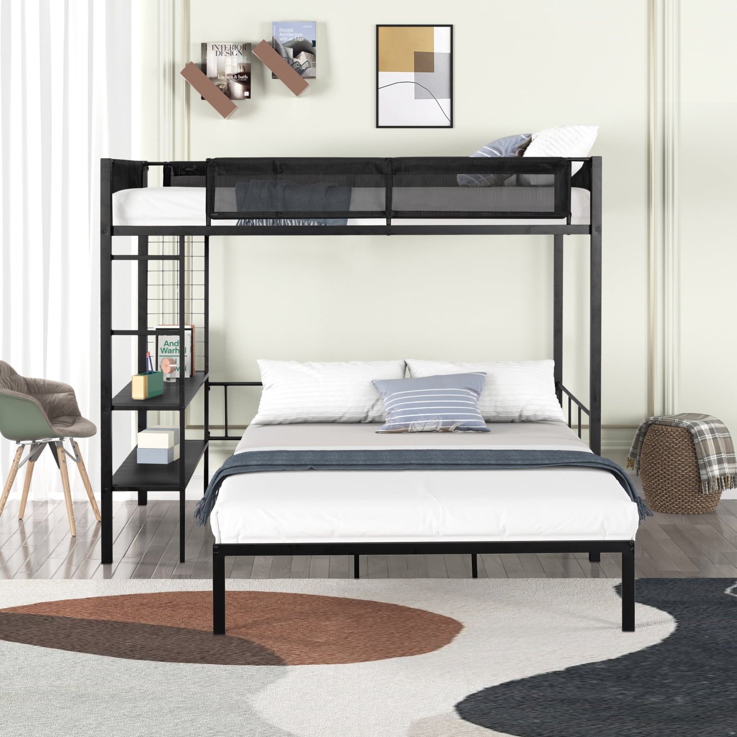 Metal Twin over Full Bunk with Shelves & Grid Panel/ Sturdy Metal Bed ...