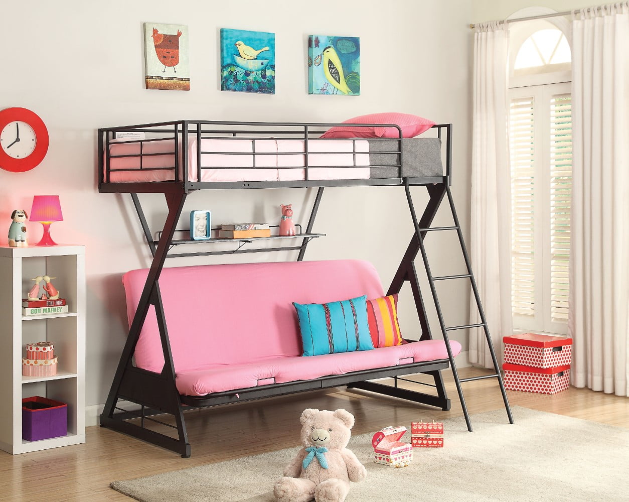 Metal Twin/Full/Futon Bunk Bed with Bookshelf, Sandy Black - Walmart.com