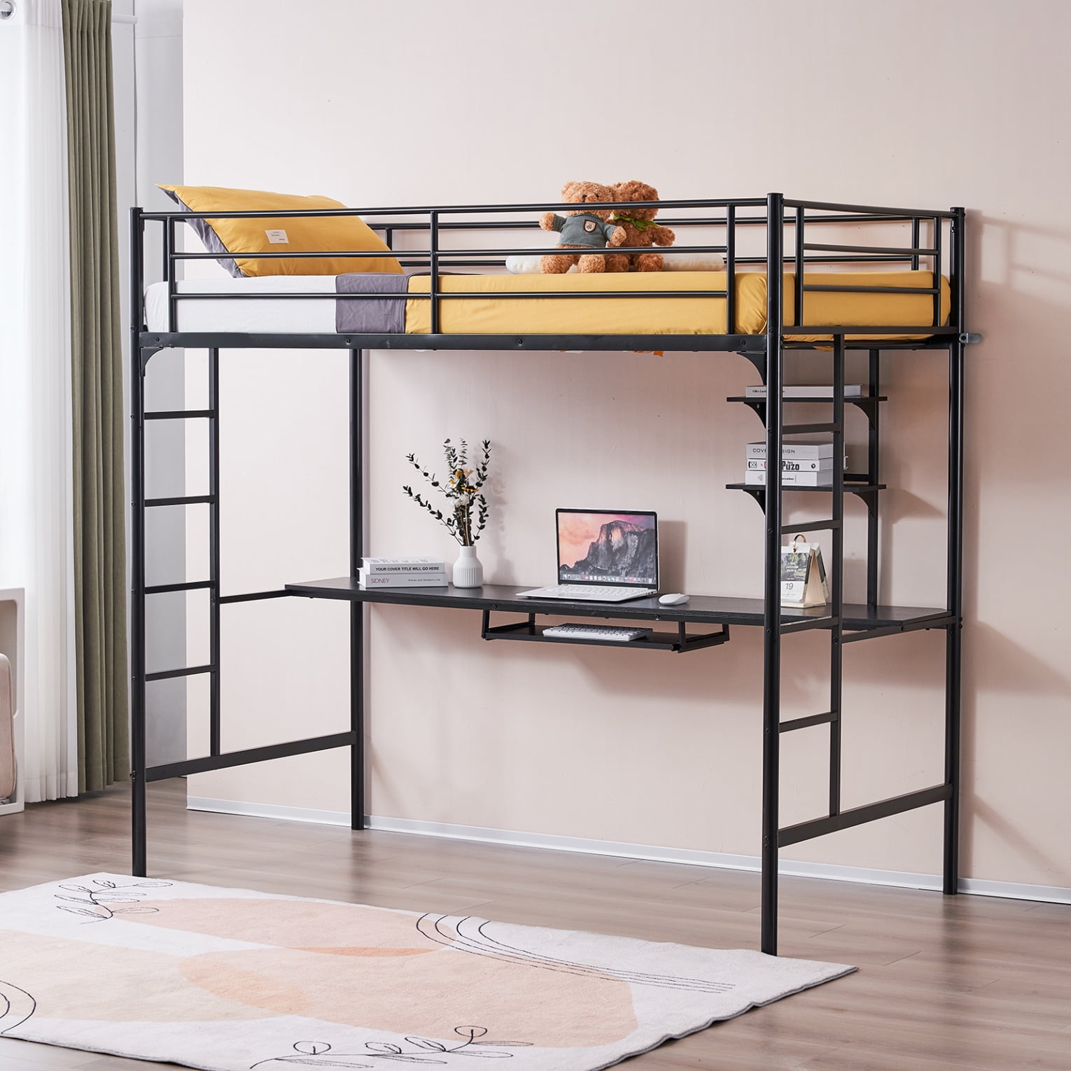 Metal Twin Loft Bed with Desk and Storage Shelf, Heavy Duty Loft Bed ...