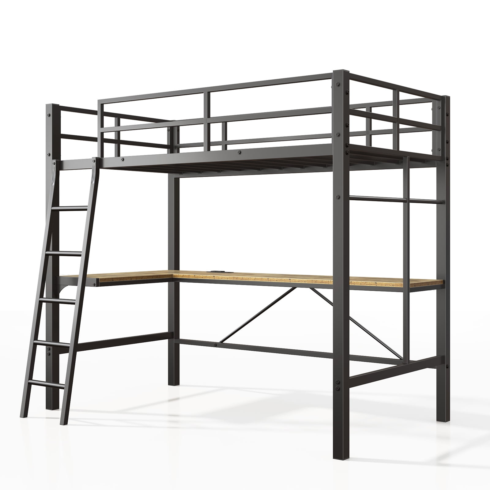 Metal Twin Loft Bed Frame with L-Shaped Desk and Built-in Power Outlet ...