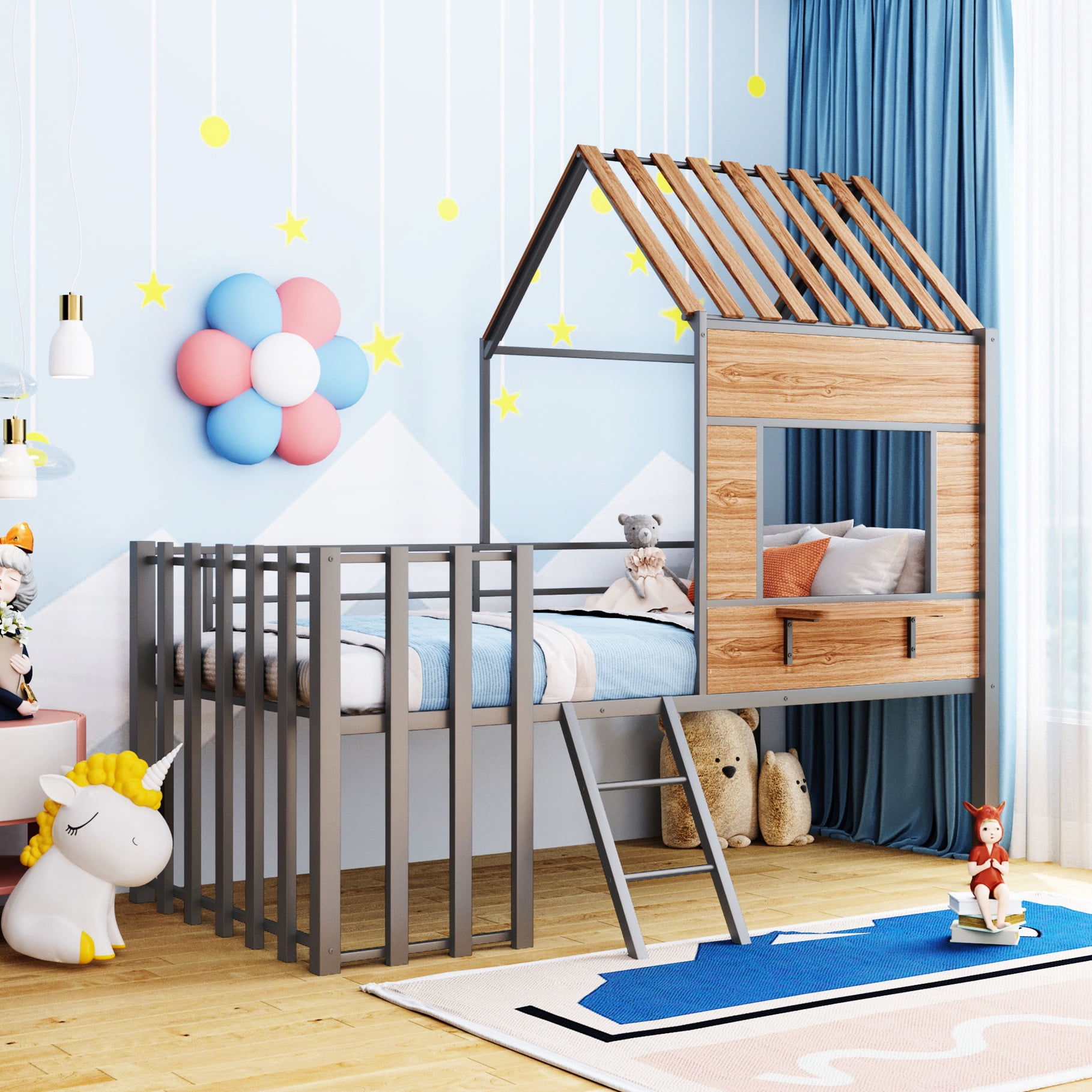Metal Twin Loft Bed with Window | Semi-enclosed Space for a Better ...