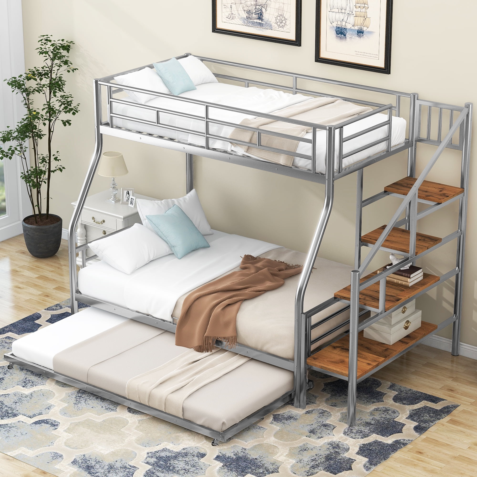 Metal Twin Over Full Bunk Bed with Trundle and Storage Staircase, Heavy ...