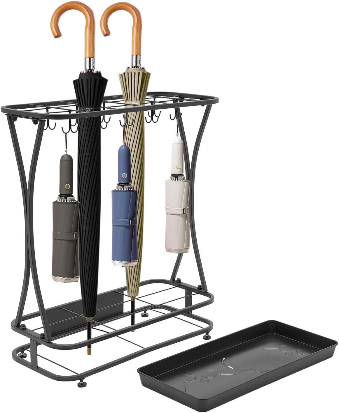 Metal Umbrella Stand, Umbrella Holder with Drip Tray, Black Cane Rack ...