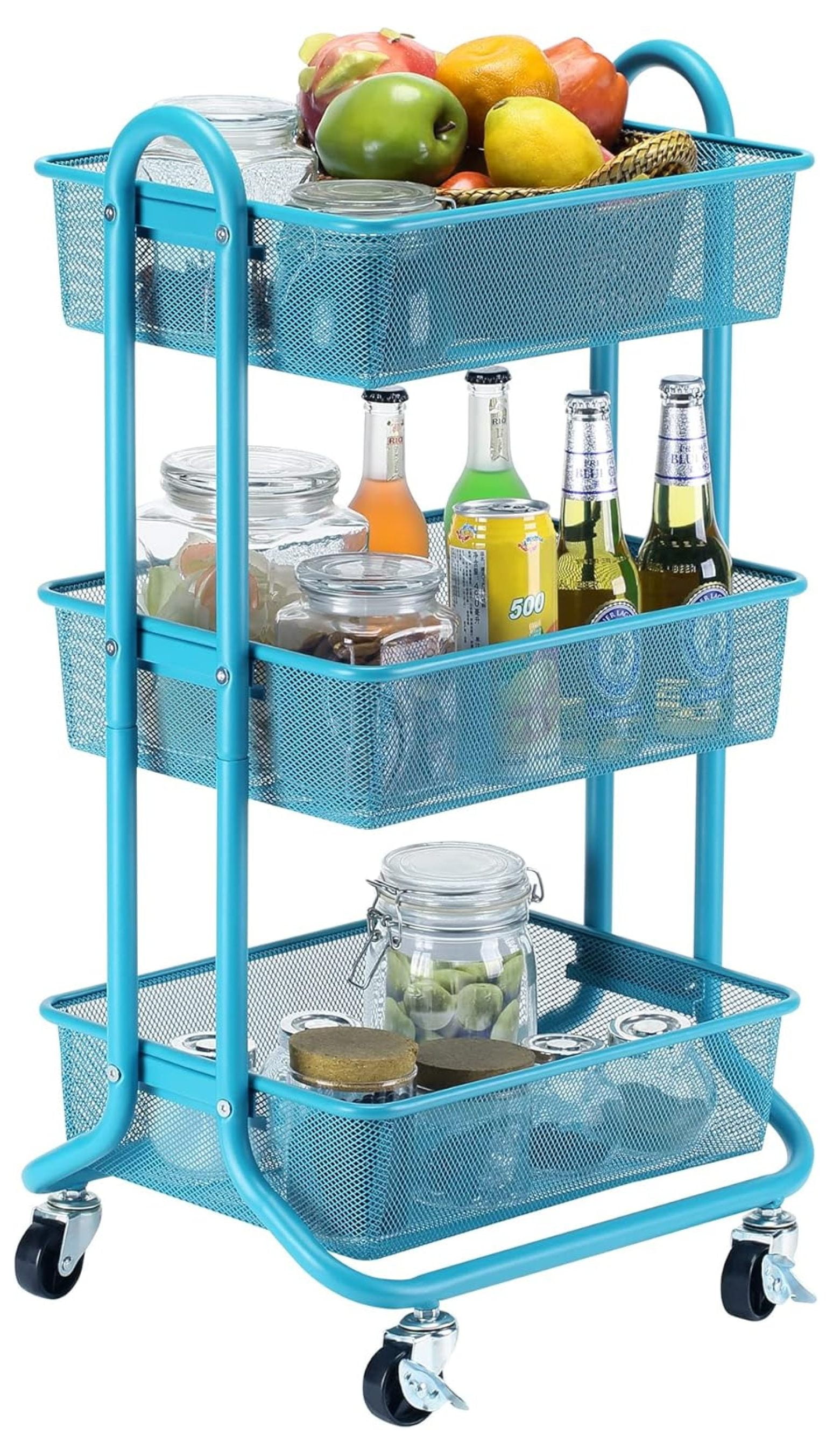 Metal Utility Cart, 3 Tier Mesh Rolling Storage Cart with Handle and ...