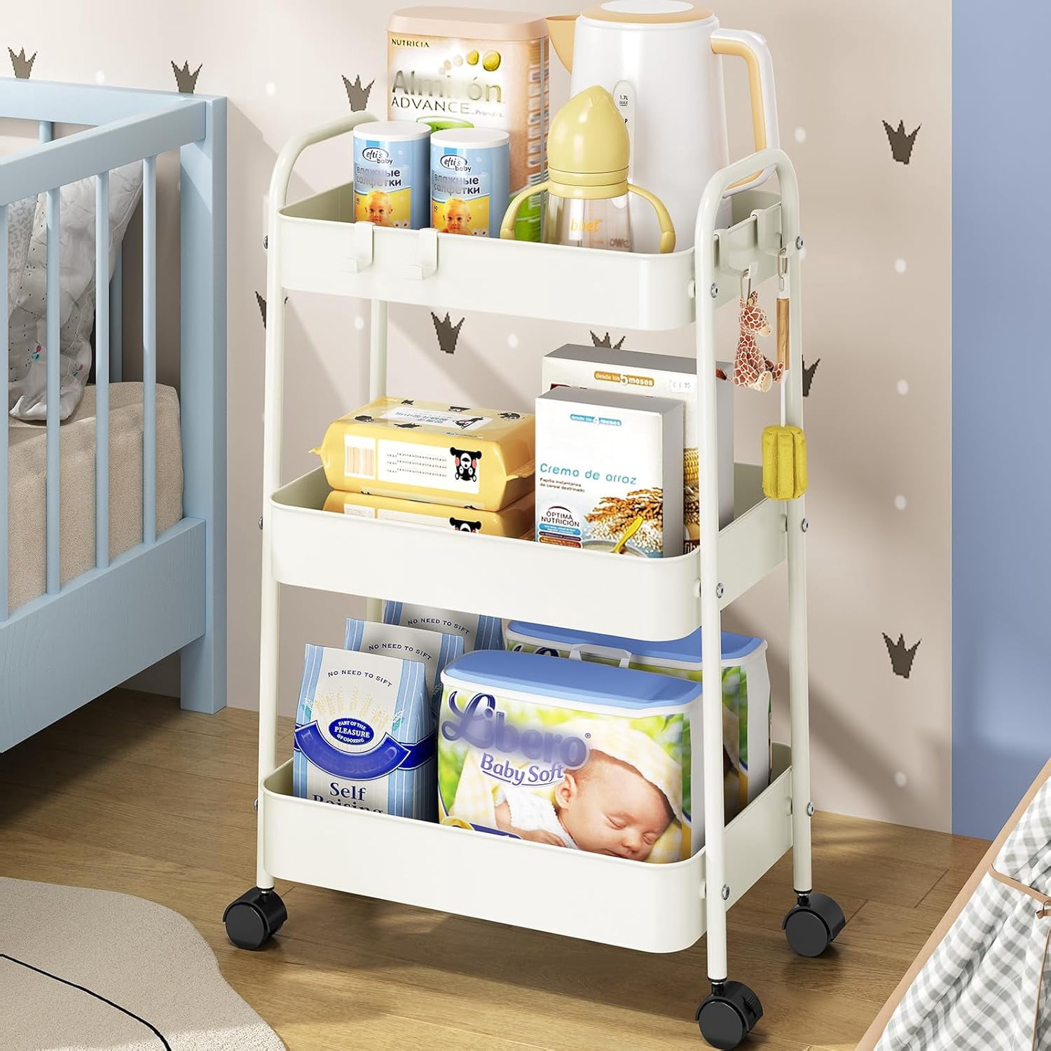 Metal Utility Cart, 3 Tier Rolling Cart wth 4 Hooks Storage Cart on ...