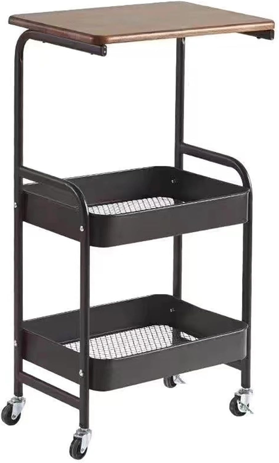 Metal Utility Cart on Wheels Storage Cart with Wood Top 3-Tier Metal ...
