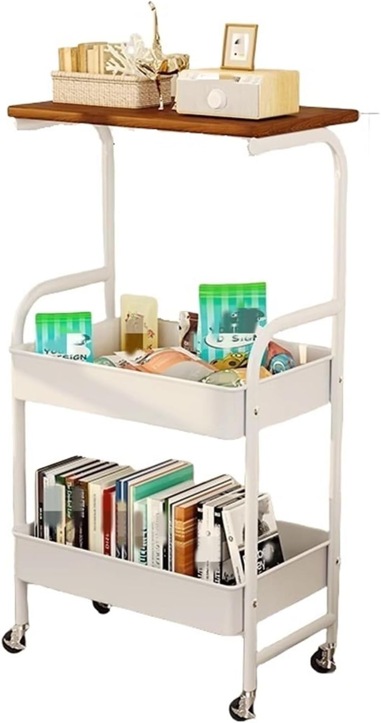 Metal Utility Cart on Wheels Storage Cart with Wood Top 3-Tier Metal ...