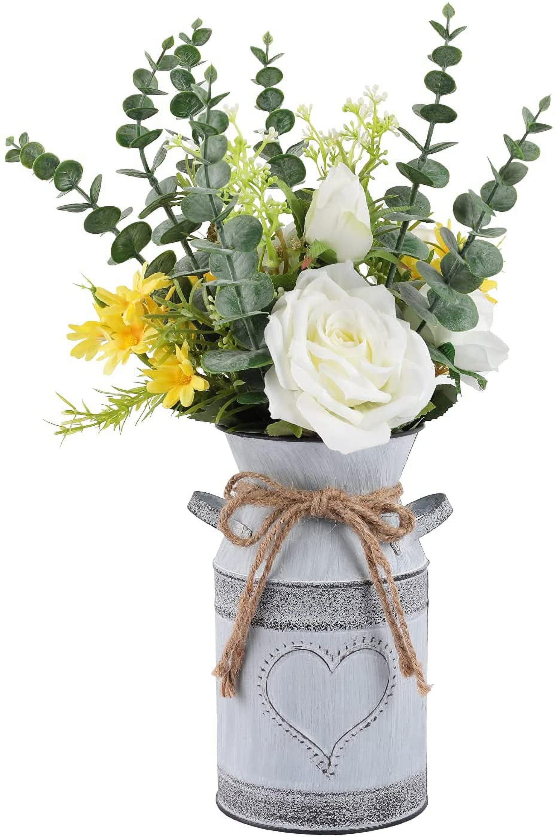 Metal Vase Milk Jug Rustic Style Rose and Eucalyptus Shabby Chic Metal ...