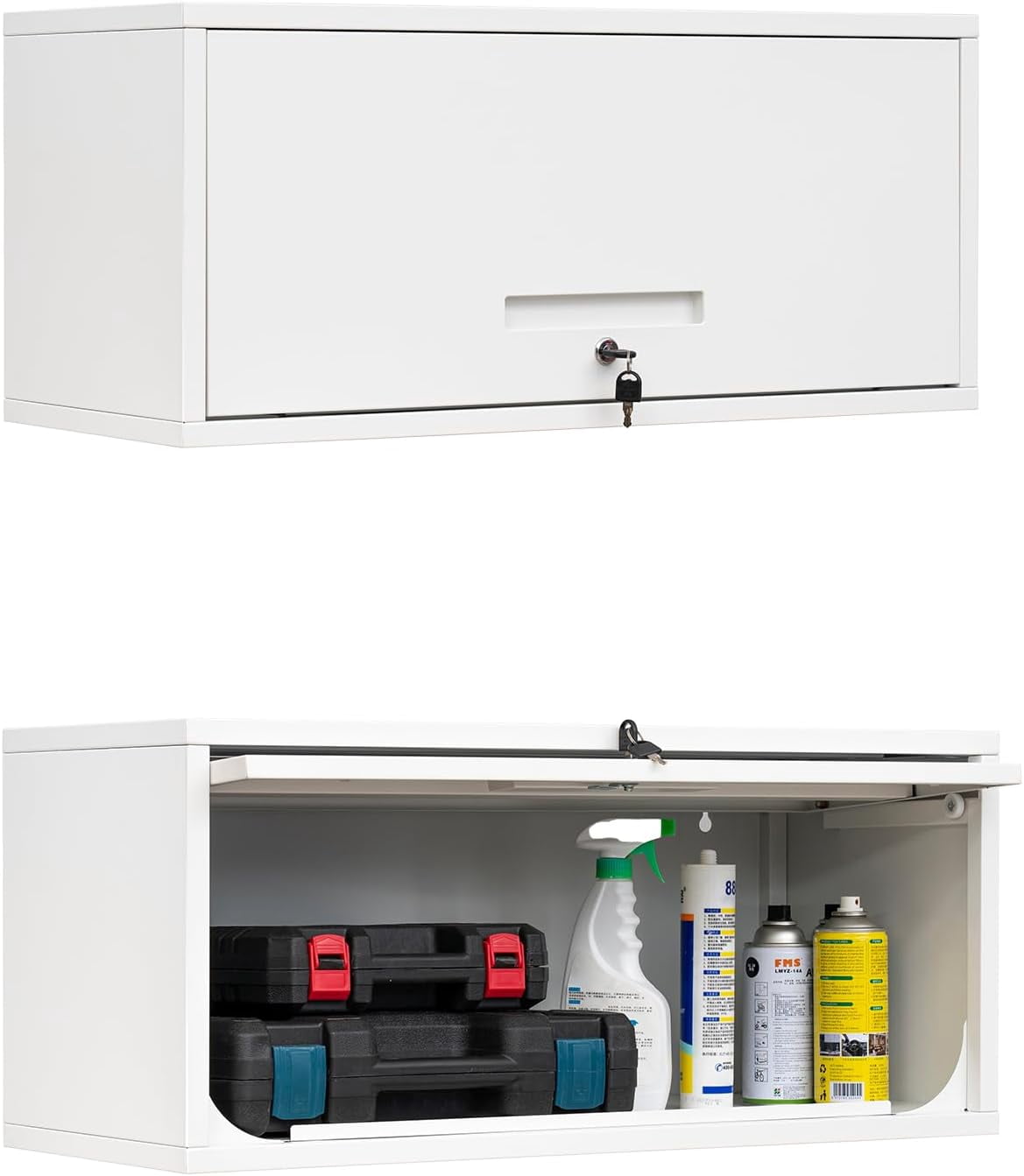 Metal Wall Cabinet，13.7'' Tall Hanging Garage Cabinet with Flip-Up Door ...