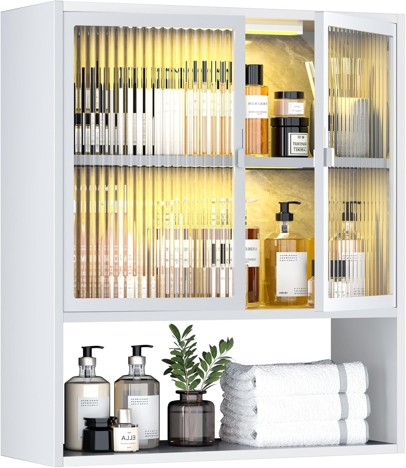 Metal Wall Cabinet with Glass Doors & LED Lights, Small Wall Mounted ...