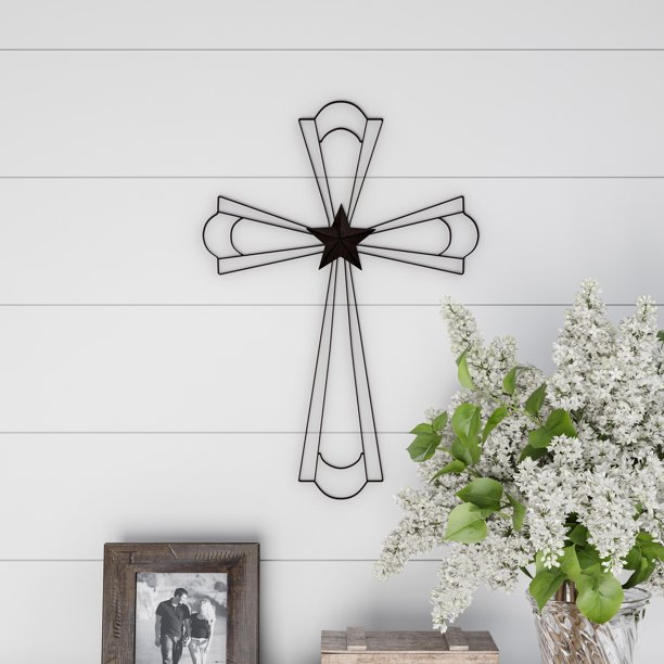 Metal Wall Cross with Decorative Center Star Design- Rustic Handcrafted ...