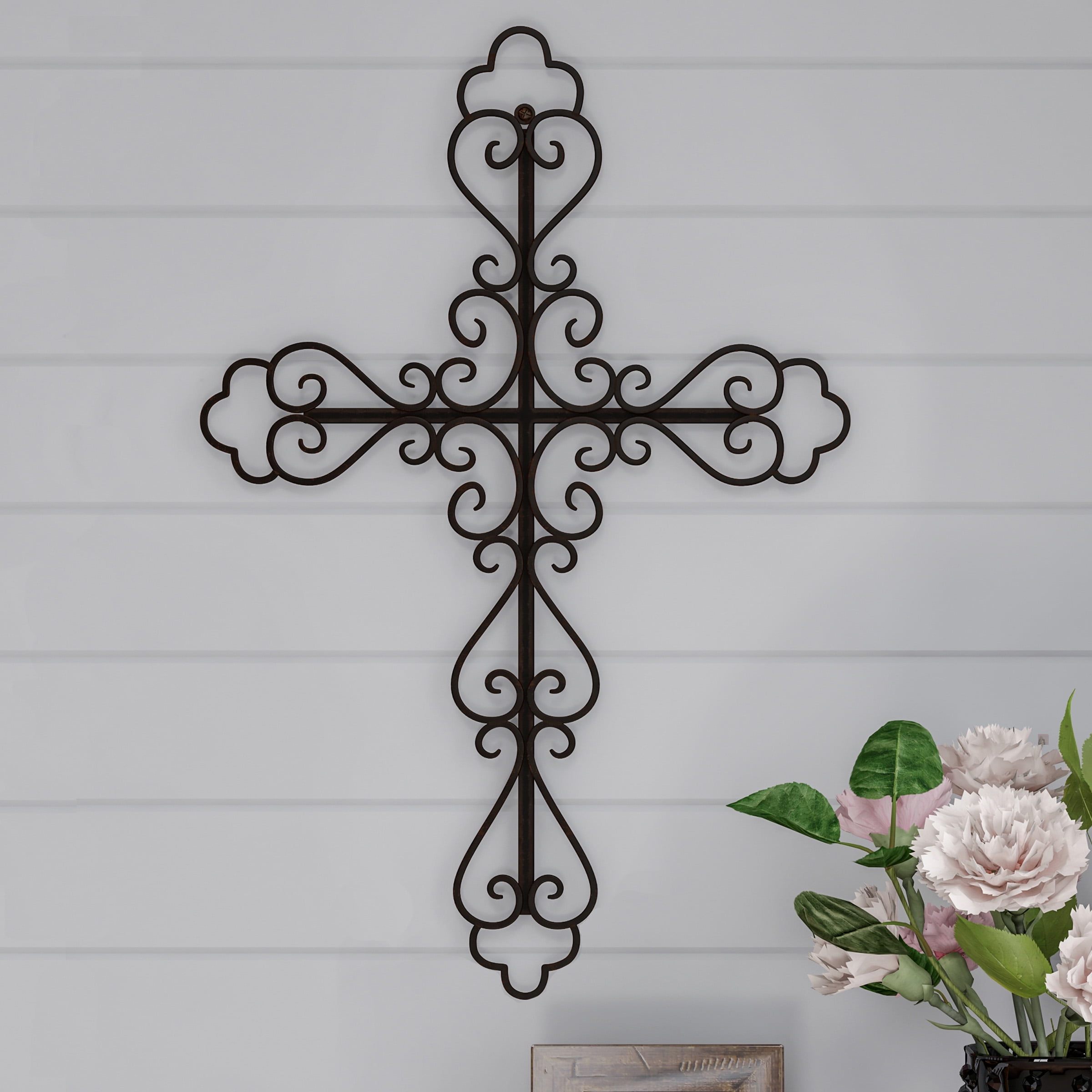 Metal Wall Cross with Decorative Fleur De Lis Design- Rustic ...