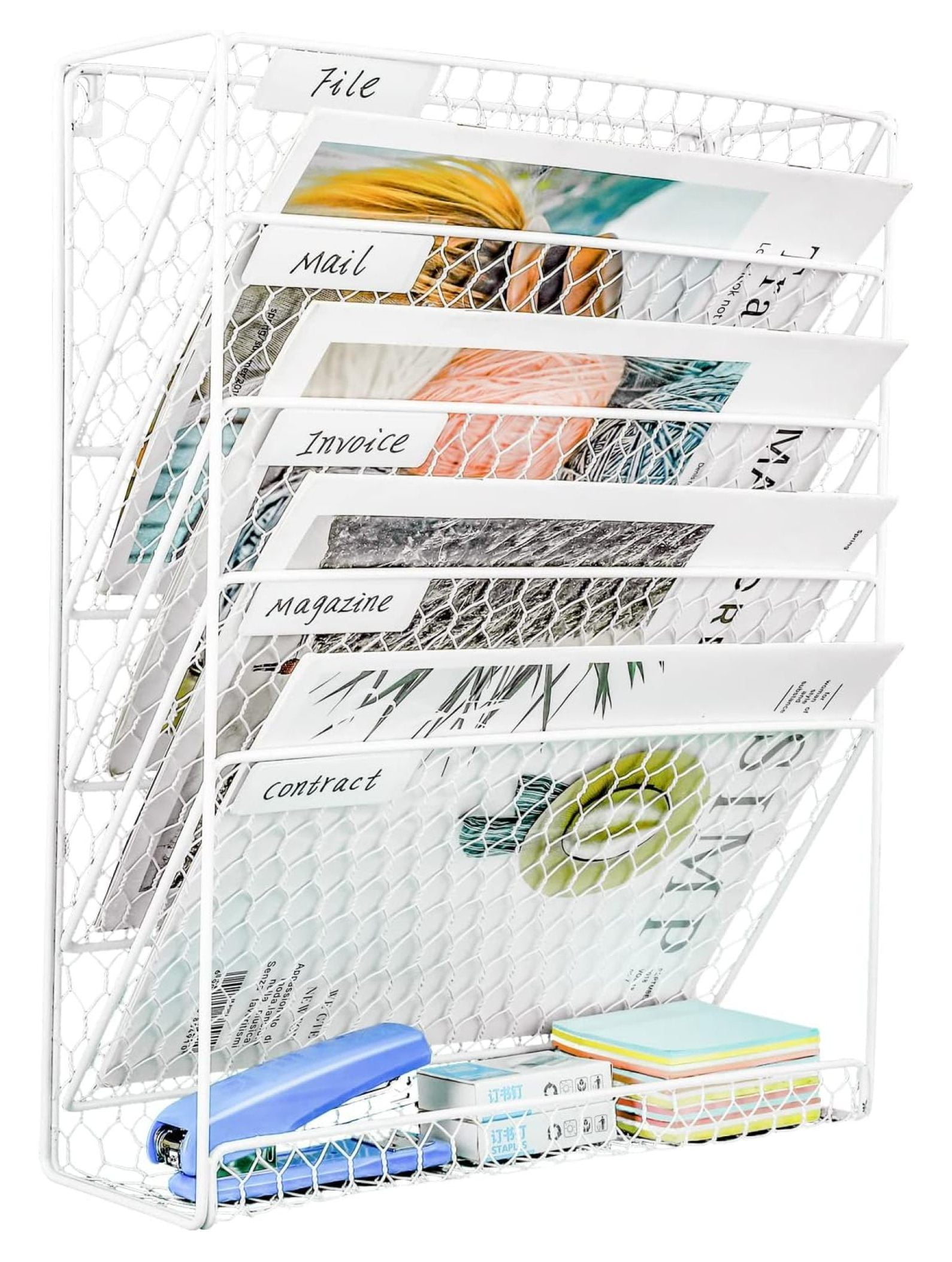 Metal Wall File Organizer, 6 Tier Hanging File Rack - White Mesh Desk ...