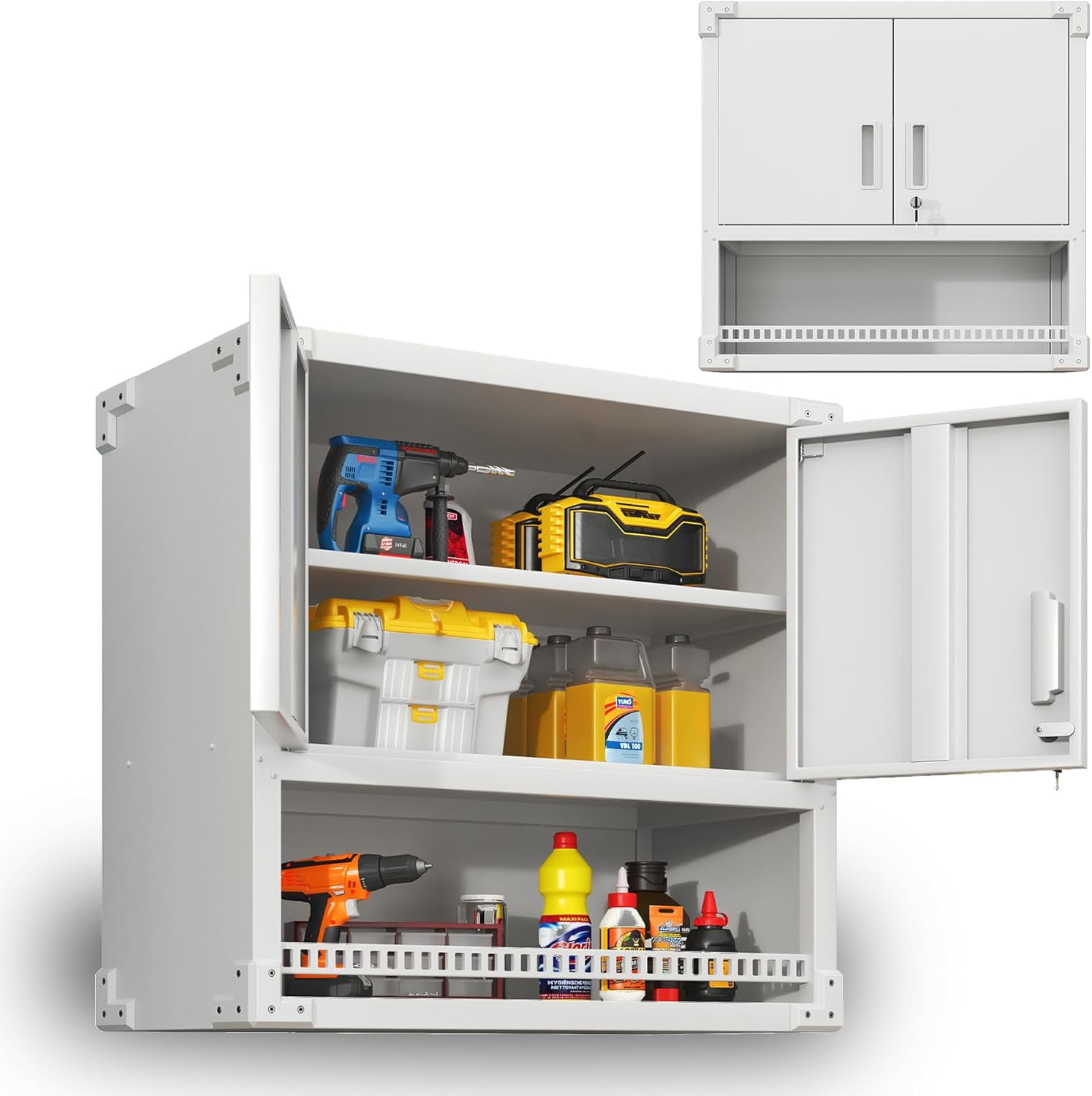 Metal Wall Storage Cabinet with Adjustable Shelf, Locking Door & Opened ...