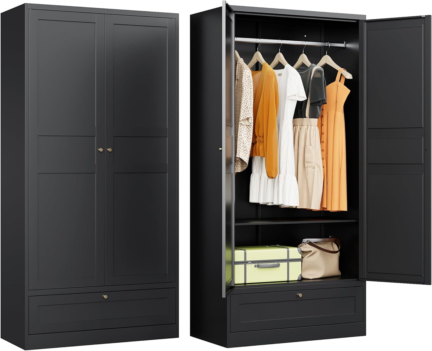 Metal Wardrobe Cabinet,Armoire Wardrobe Closet with doors,Black Metal ...