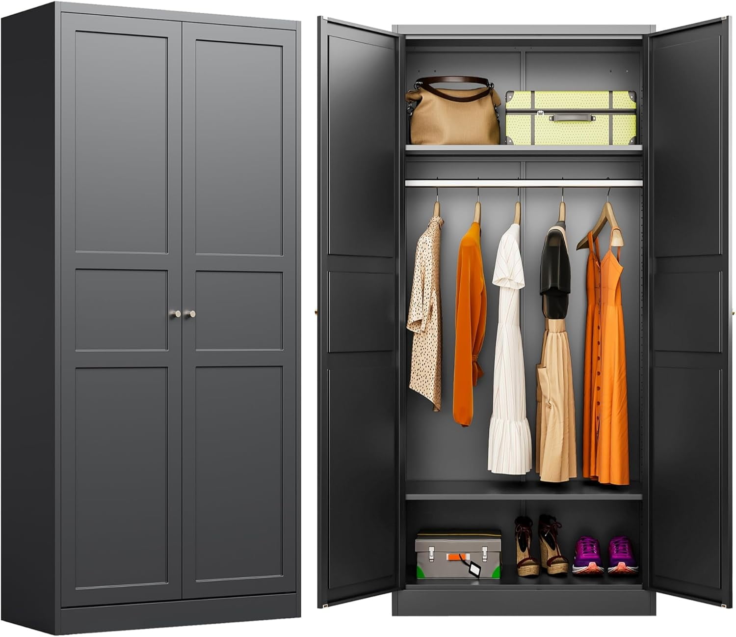 Metal Wardrobe Cabinet,Armoire Wardrobe Closet with doors,Black Metal ...