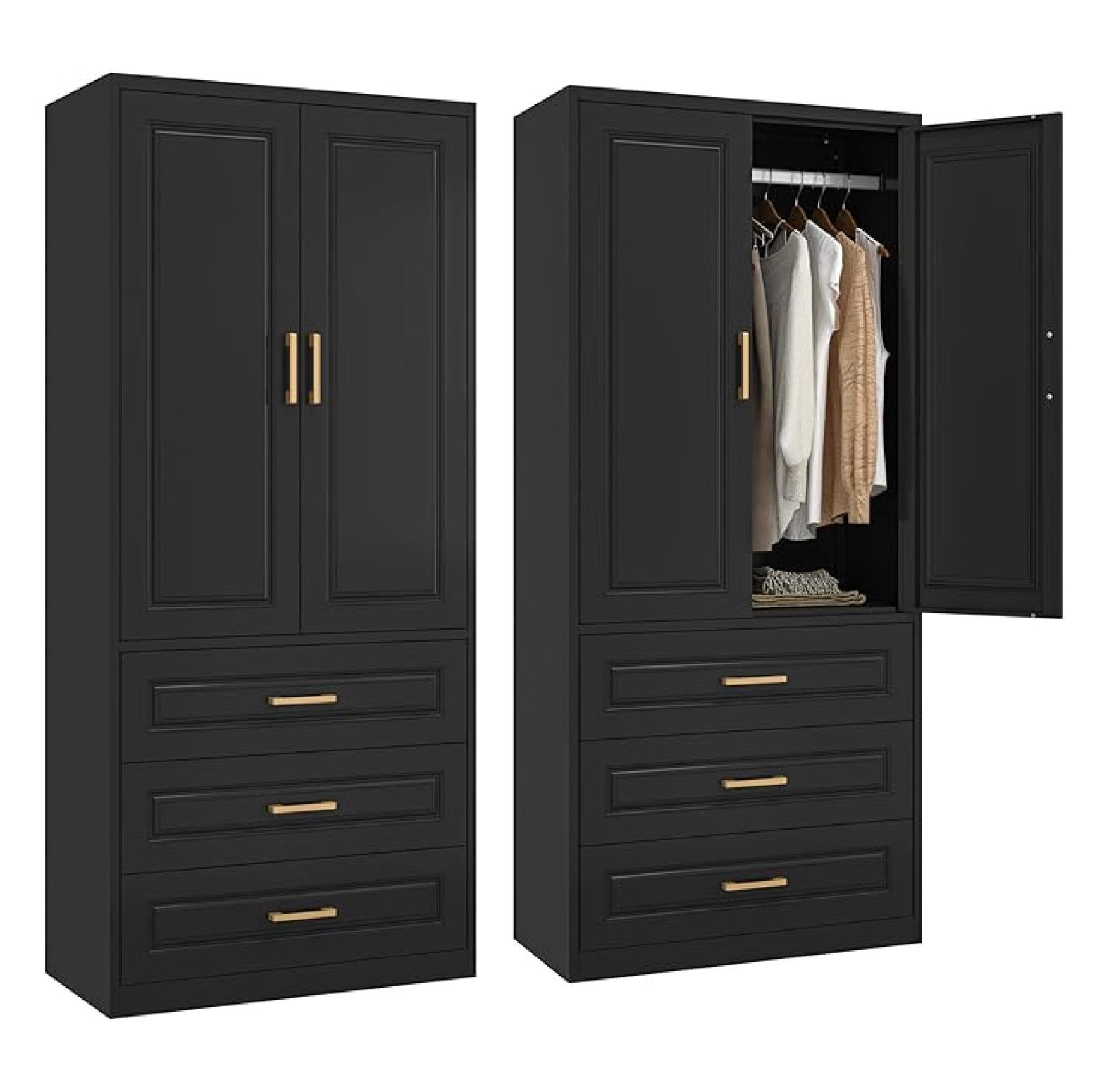 Metal Wardrobe Cabinets with 3 Drawers,Black Armoire Wardrobe Closet ...