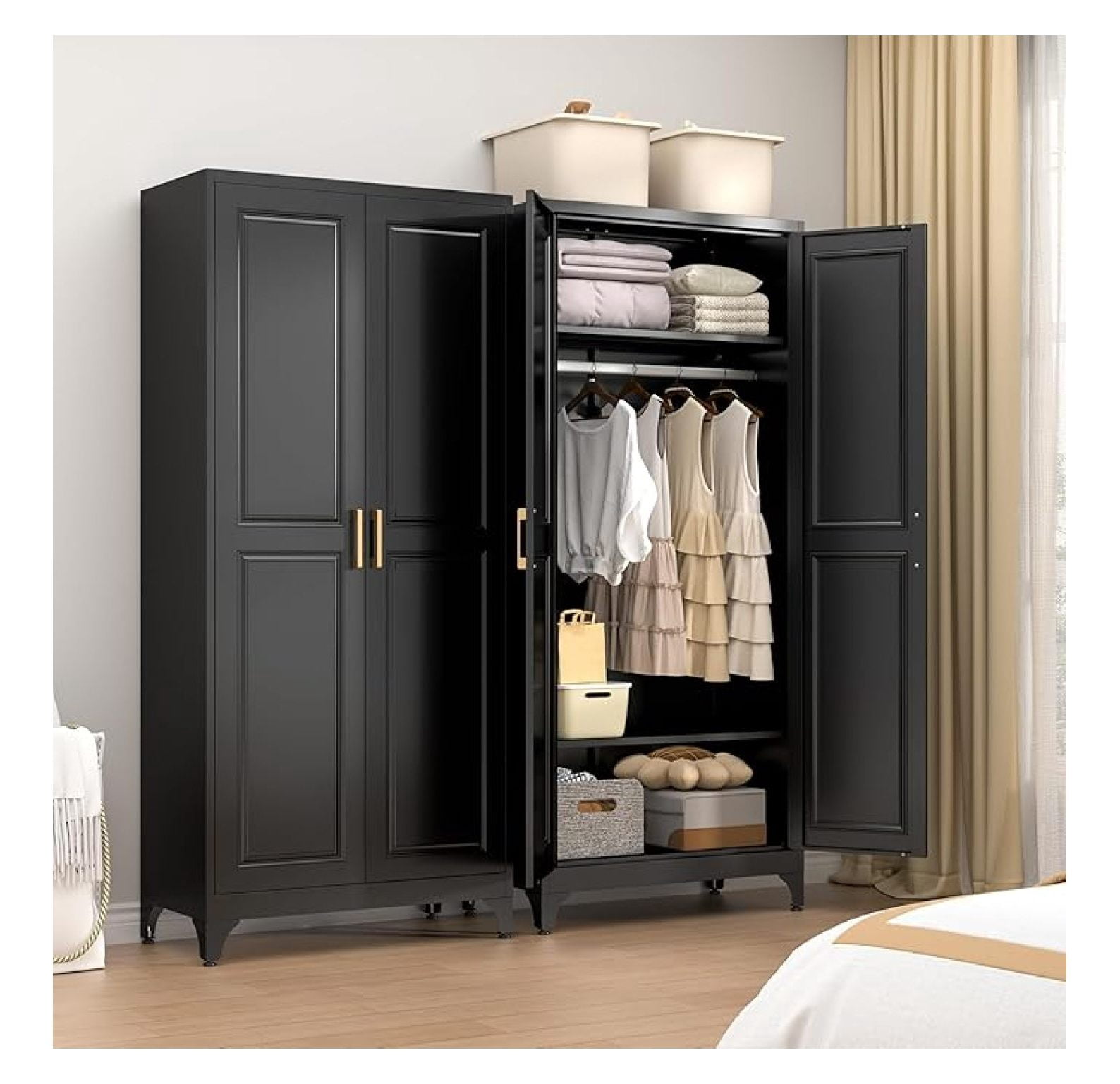 Metal Wardrobe Cabinets,Black Armoire Wardrobe Closet with Hanging Rod ...