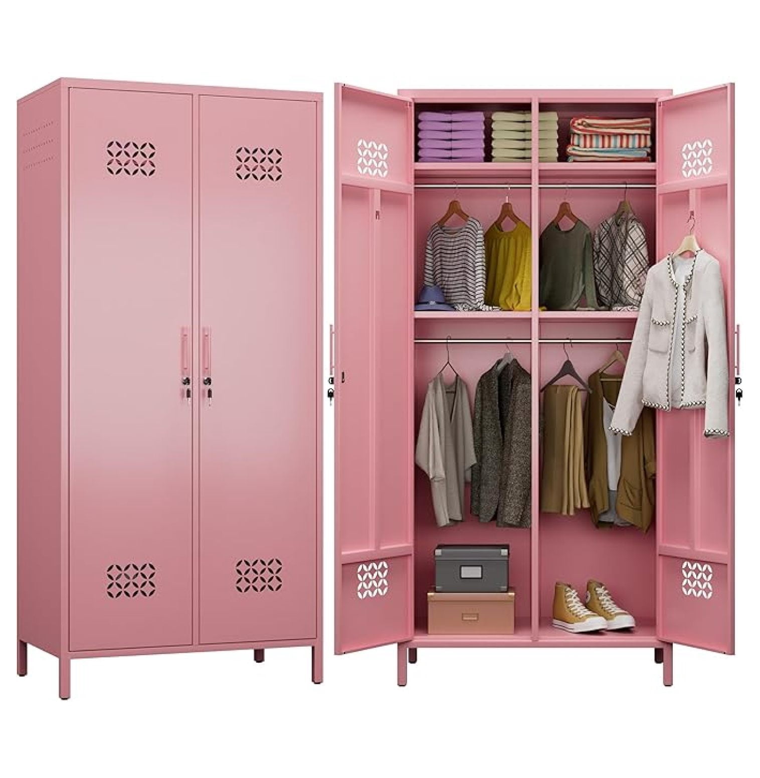 Metal Wardrobe Cabinets with Lock, 2 Door Metal Closet with 4 ...