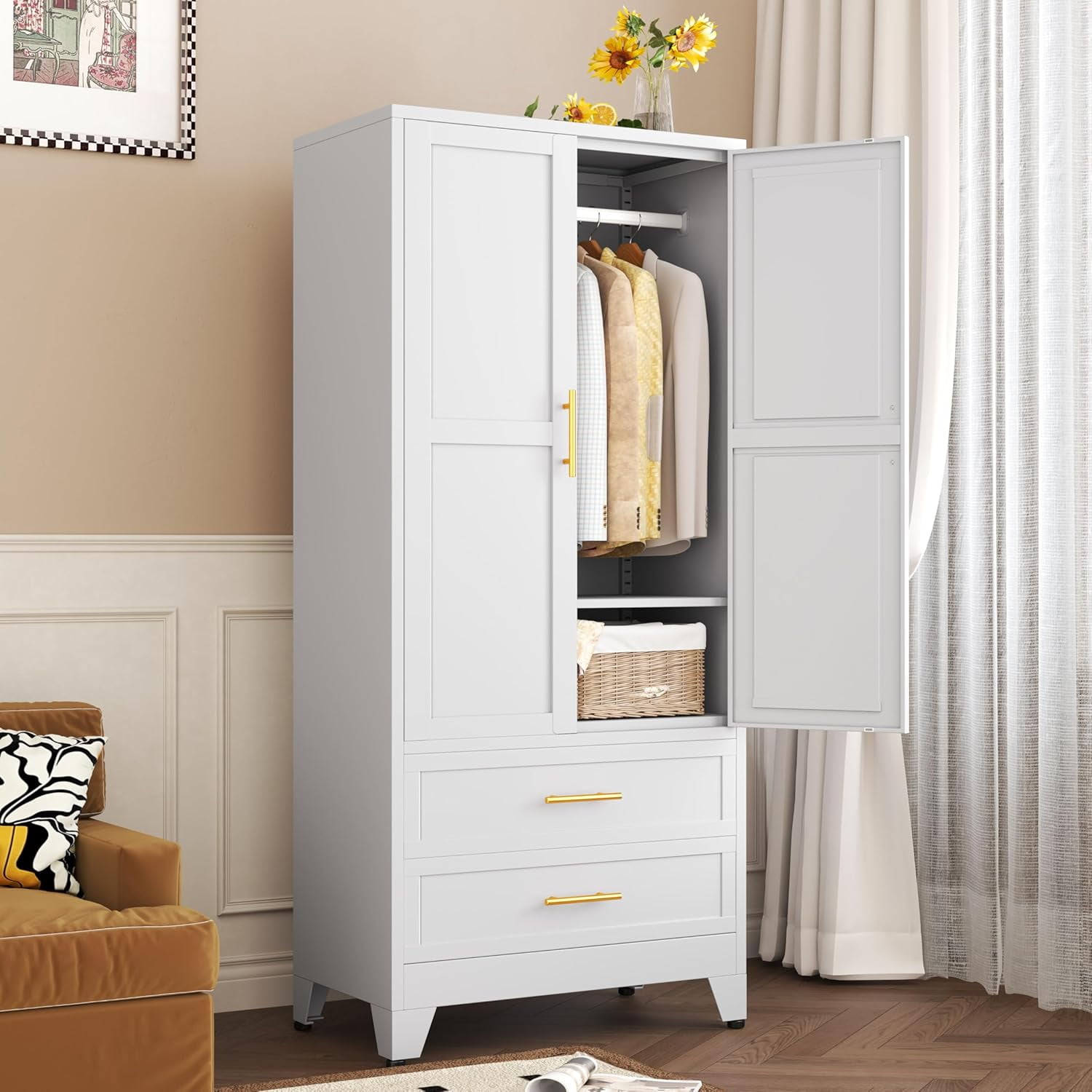 Metal Wardrobe Closet with 2 Doors & 2 Drawers, 71" Tall Armoire ...