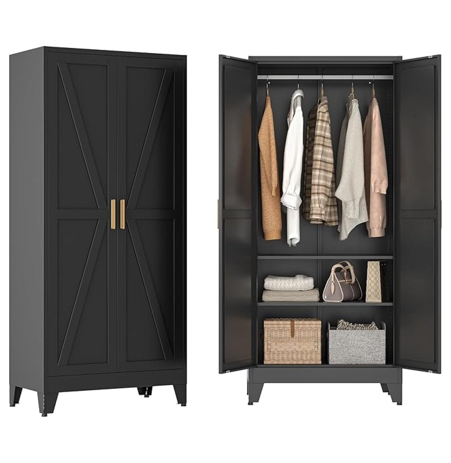 Metal Wardrobe Closet with Doors and Shelves, 71" Farmhouse Bedroom ...