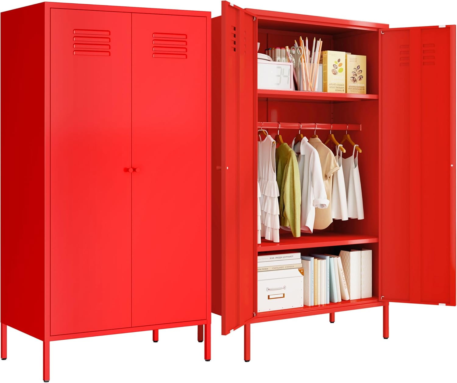 Metal Wardrobe Coat Cabinet with Adjustable Shelves and Hanging Rod ...