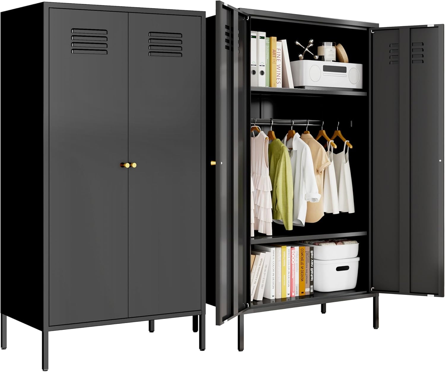 Metal Wardrobe Coat Cabinet with Adjustable Shelves and Hanging Rod ...
