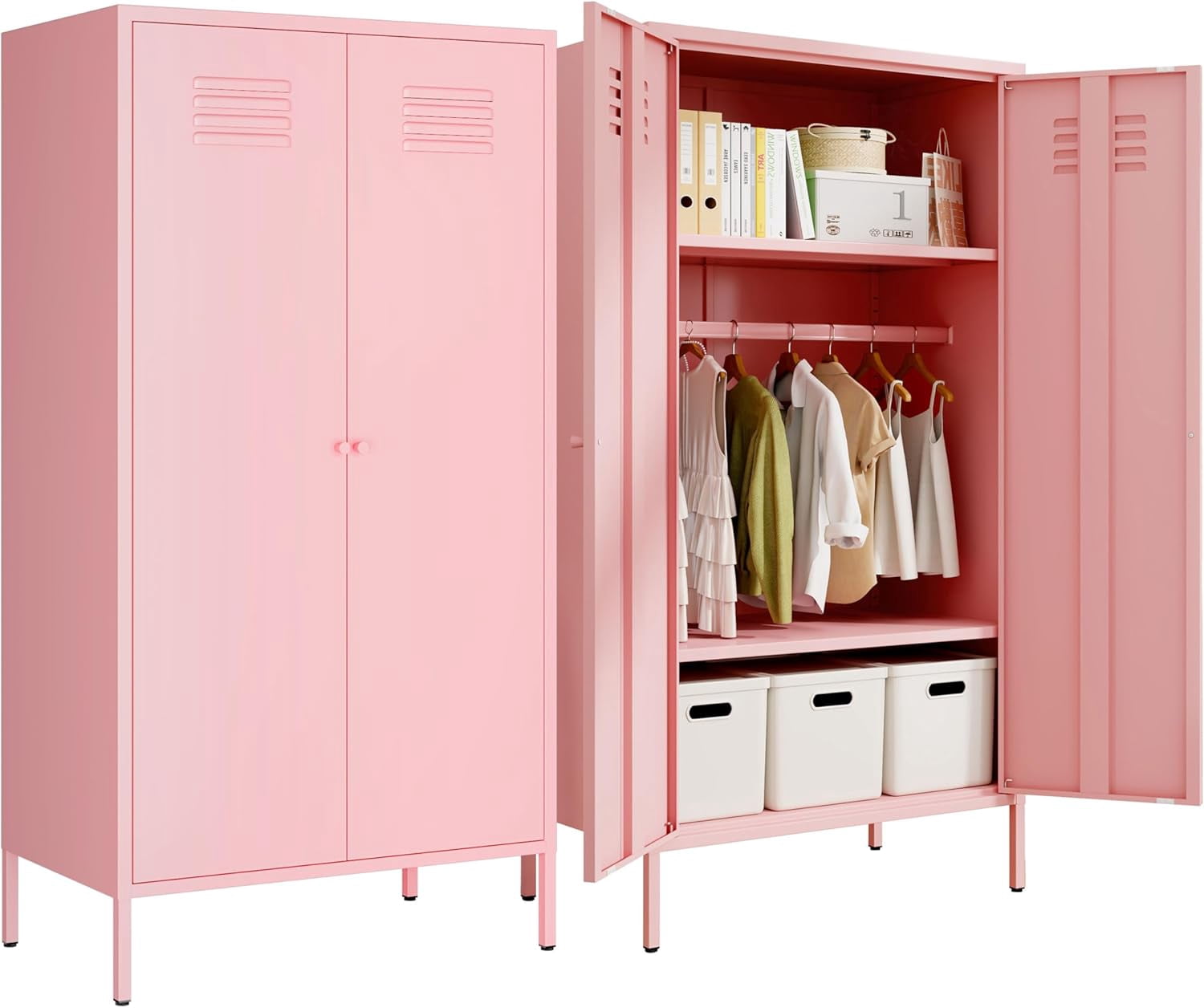 Metal Wardrobe Coat Cabinet with Adjustable Shelves and Hanging Rod ...