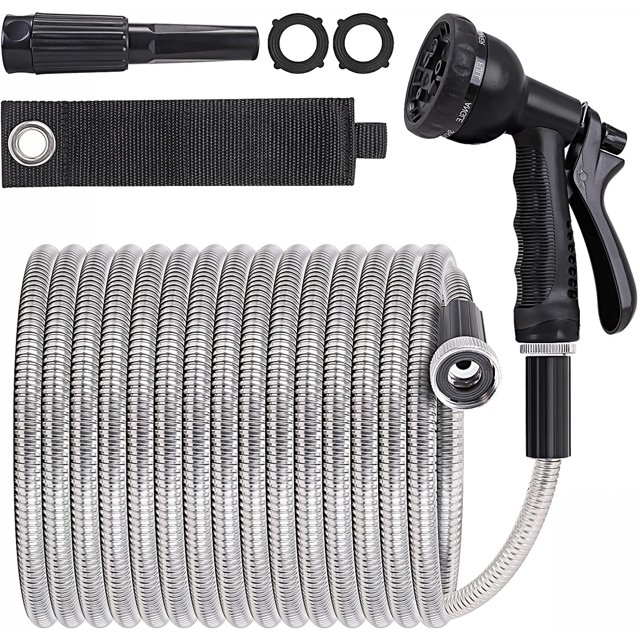Metal Water Garden Hose 75ft Heavy Duty Stainless Steel 8 Function