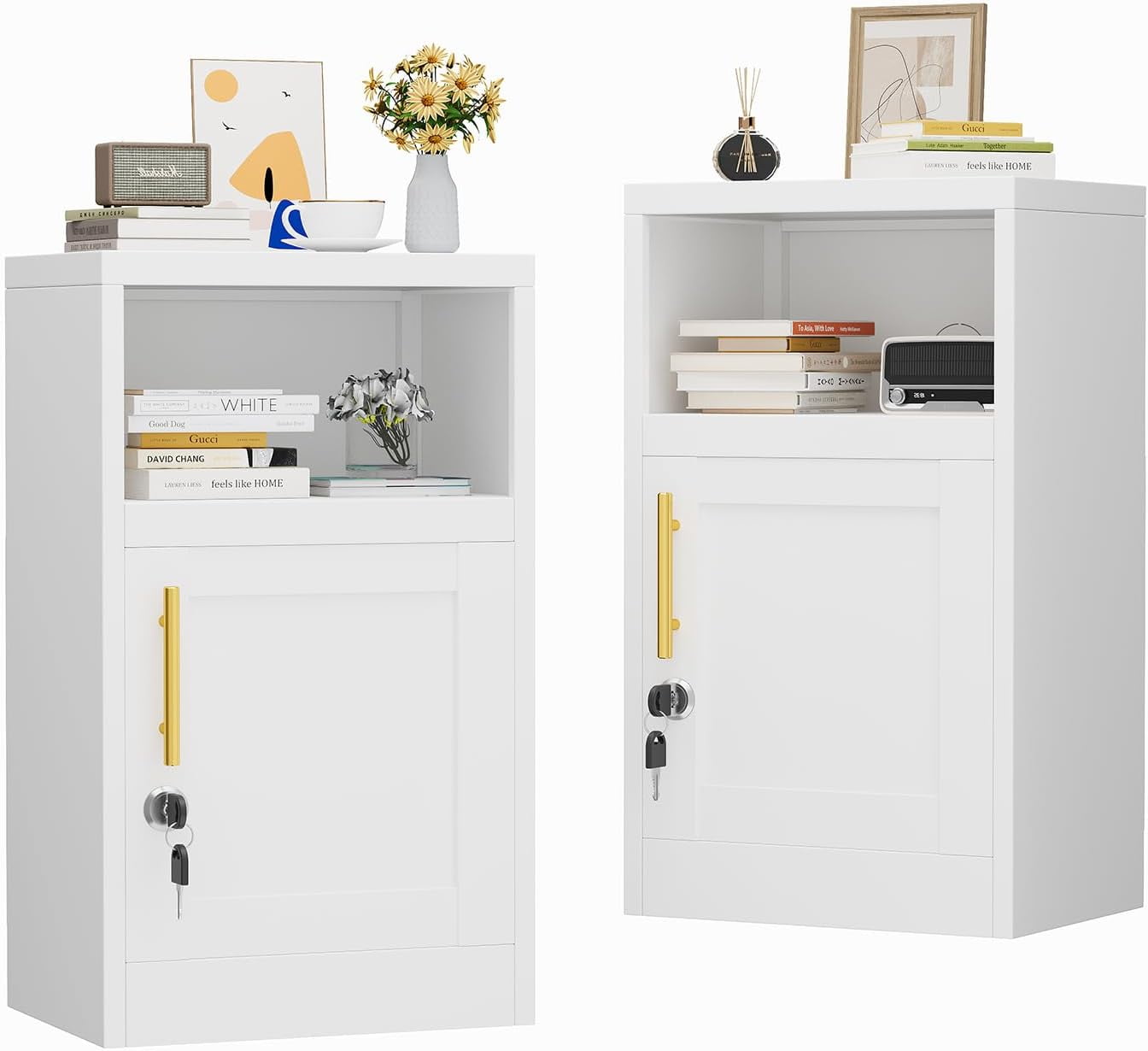 Metal White Nightstands Set of 2 with Lock, Lock Storage Cabinet,28 ...