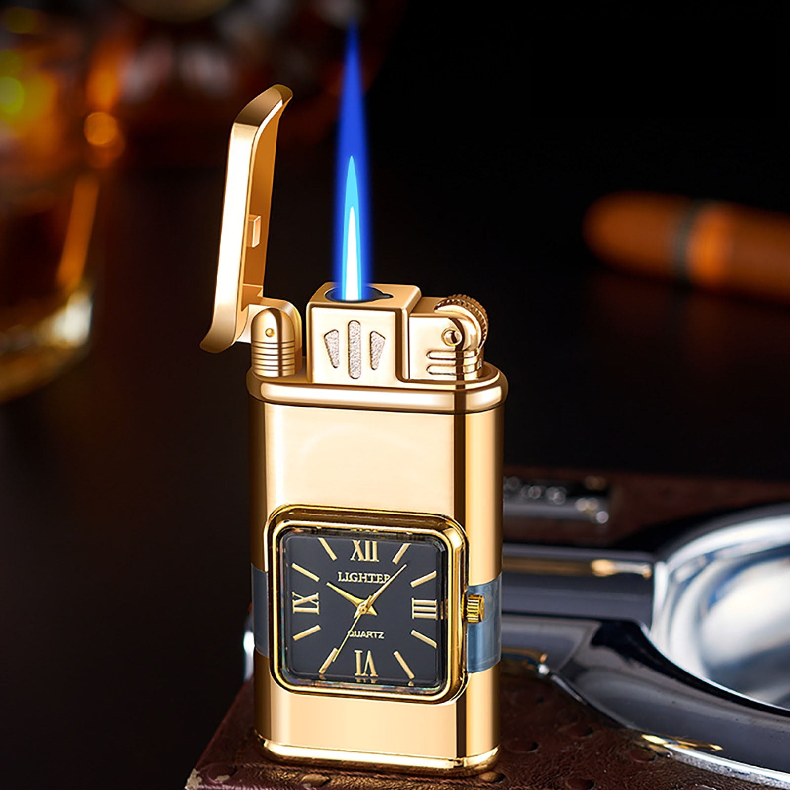 Metal Windproof Straight Blue Flame Inflatable Lighter With Transparent ...