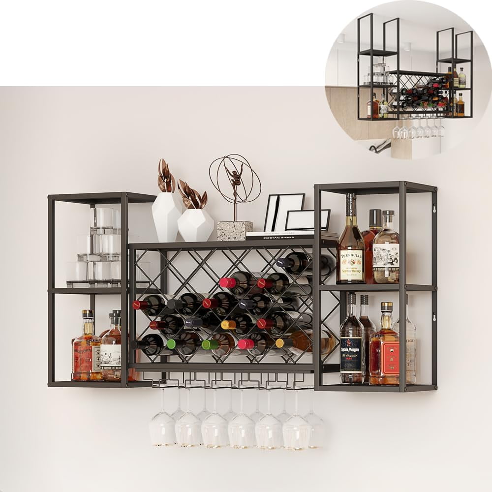 Metal Wine Rack Wall Mounted, Dual Installation (Ceiling Mounted/Wall ...